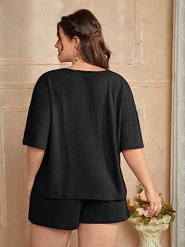 SOLY HUX Women's Plus Size Waffle Knit Short Sleeve Top and Shorts Pajama Set Sleepwear Black Plain 5XL