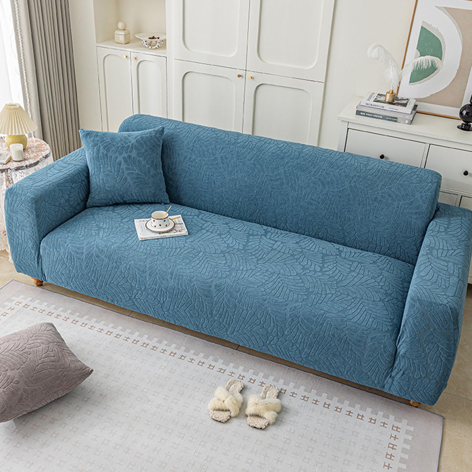 OQHAIR Stretch Jacquard Sofa Cover 3 Seater 1 Piece Willow Couch Cover for 3 Cushion Couch for Living Room Pets Furniture Protector Sofa Covers -Blue-4 Seater