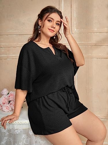 SOLY HUX Women's Plus Size Waffle Knit Short Sleeve Top and Shorts Pajama Set Sleepwear Black Plain 5XL