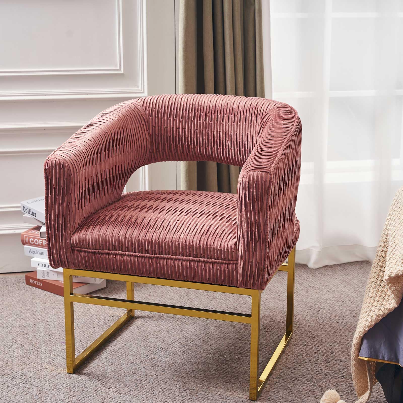 MOJAY Modern Accent Chair,Comfy Velvet Upholstered Hollow Backrest Barrel Chair Single Sofa Reading Chair with Golden Metal Base for Living Room Bedroom Vanity Room