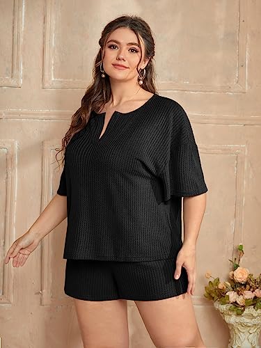 SOLY HUX Women's Plus Size Waffle Knit Short Sleeve Top and Shorts Pajama Set Sleepwear Black Plain 5XL