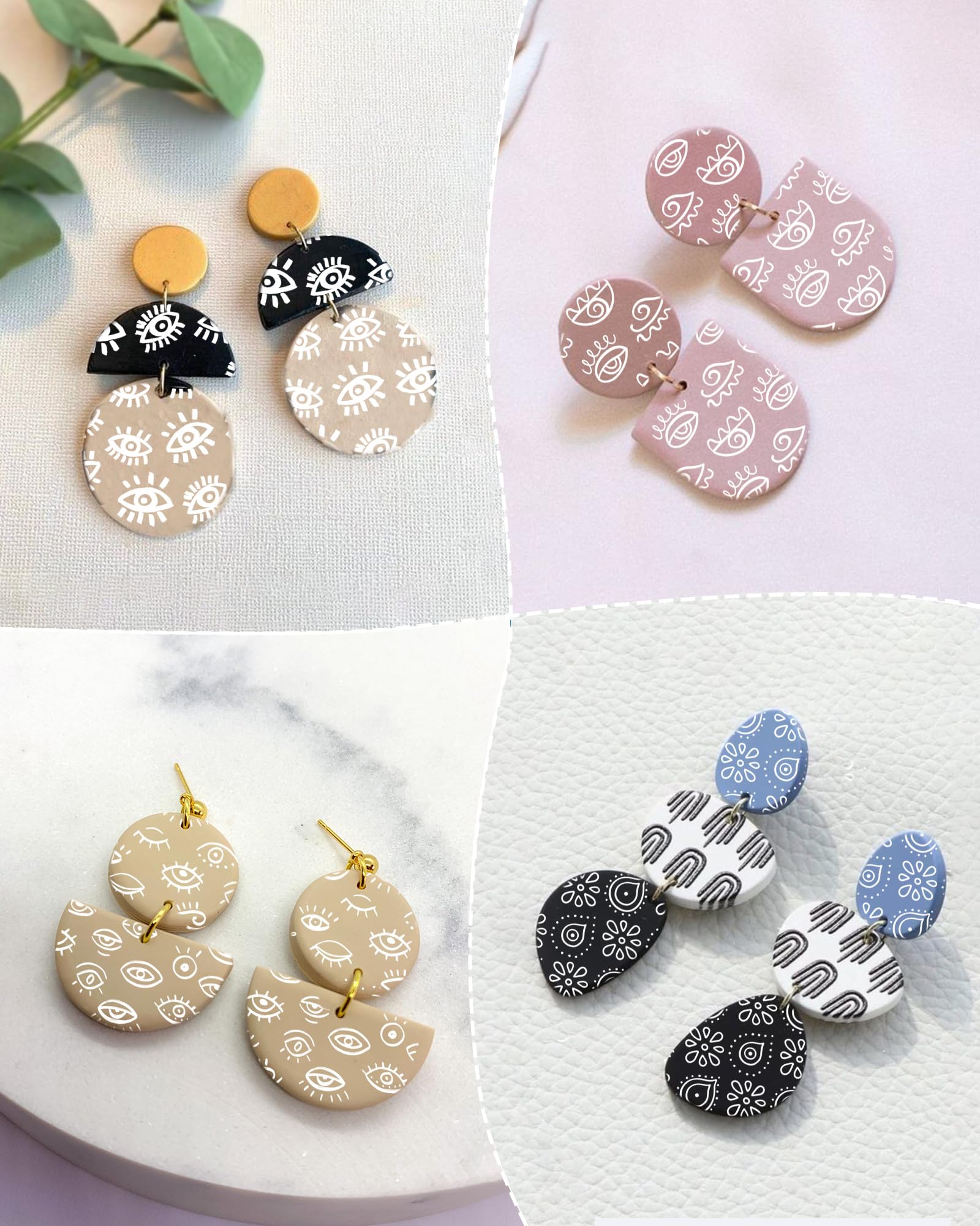 Puocaon Boho Clay Silk Screens - 6 Pcs Lucky Evil Eye Shape Silk Screen Stencils for Polymer Clay, Screen Stencils for Polymer Clay Earrings Making, Silk Screen for Transfer Patterns on Polymer Clay