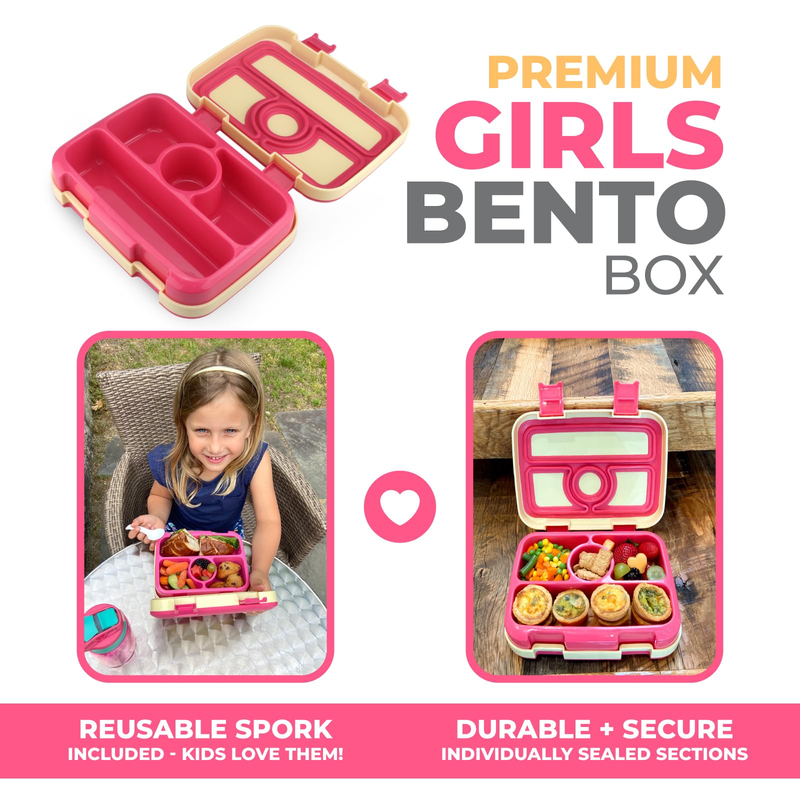 kinsho Bento Lunch Box for Kids Toddlers Girls, 4 Portion Sections Secure Lid, Microwave Safe BPA Free Removable Tray, Pre-School Kid Daycare Lunches Snack Container Ages 3 to 5, Cute Summer