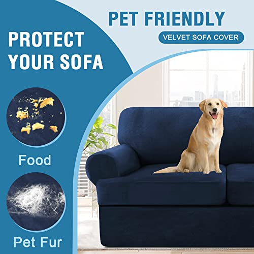 H.VERSAILTEX Sofa Cover 4 Piece T Cushion Sofa Slipcovers Thick Velvet Couch Cover Furniture Protector Stretch T Cushion Sofa Covers for 3 Cushion Couch with 3 Individual T Cushion Covers, Navy