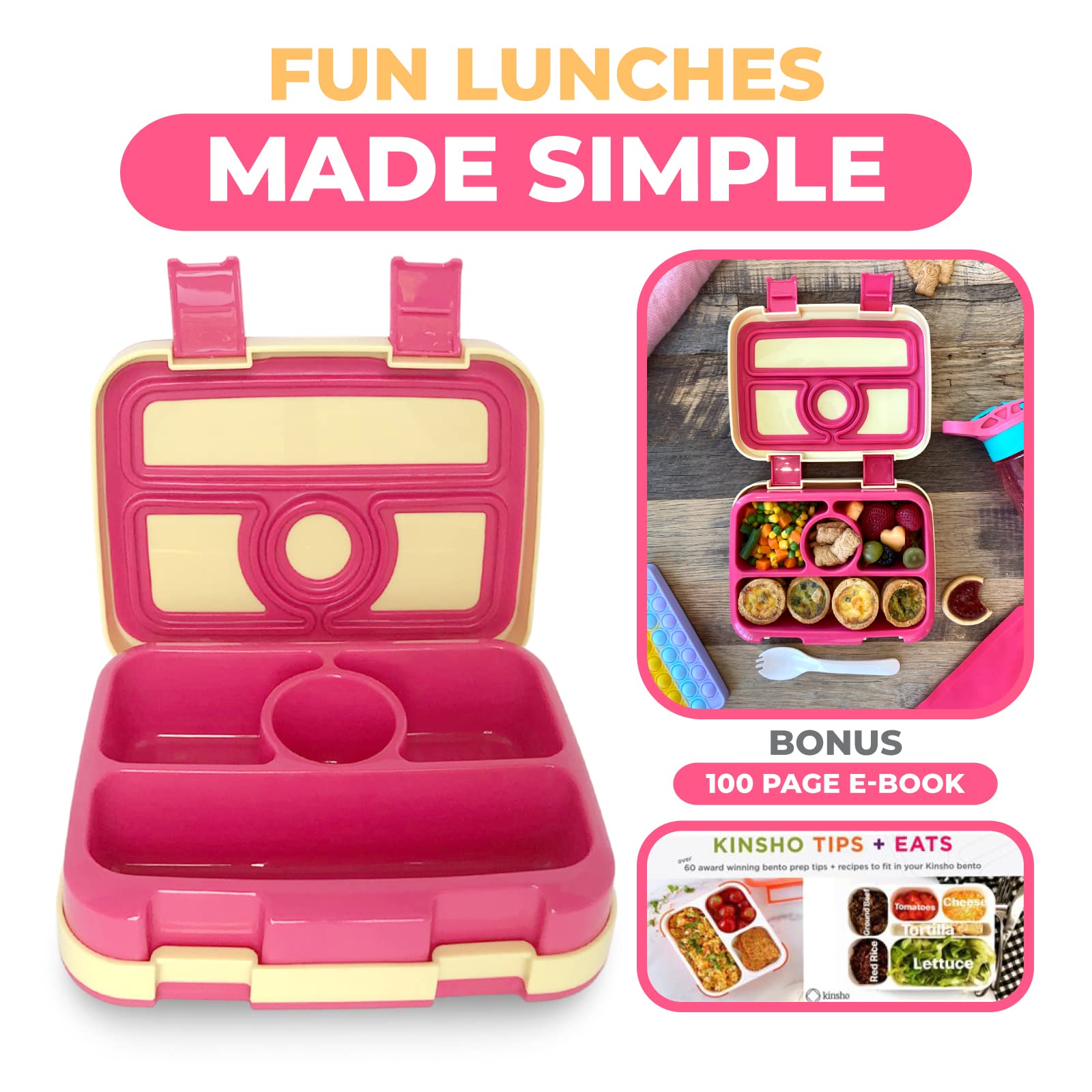 kinsho Bento Lunch Box for Kids Toddlers Girls, 4 Portion Sections Secure Lid, Microwave Safe BPA Free Removable Tray, Pre-School Kid Daycare Lunches Snack Container Ages 3 to 5, Cute Summer