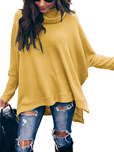MILLCHIC Women's Casual Waffle Shirt Long Batwing Sleeve Oversized Pullover Sweater Knit Jumper Loose Sweater Tunic Tops 8M3-huangse-M1