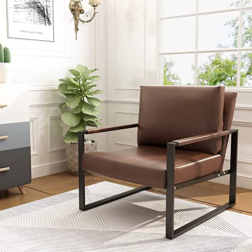 Lamerge Leather Accent Chair Sofa Chair with Extra-Thick Padded Backrest and Seat Cushion Single Sofa for Living Room Bedroom, Black Metal Frame, 105 Degree Slant Back, Brown,Set of 1