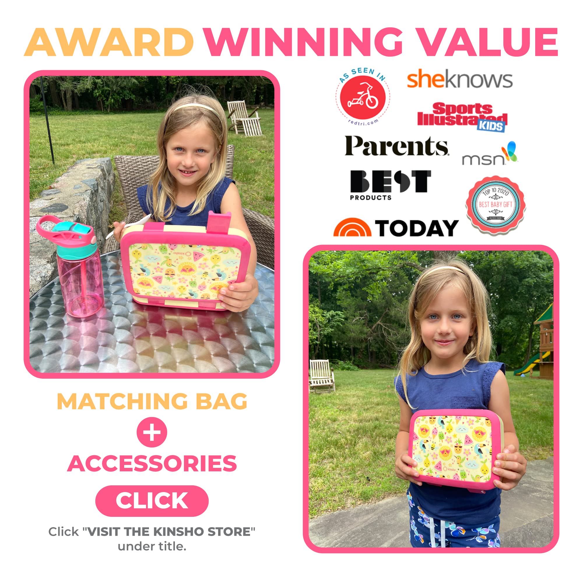 kinsho Bento Lunch Box for Kids Toddlers Girls, 4 Portion Sections Secure Lid, Microwave Safe BPA Free Removable Tray, Pre-School Kid Daycare Lunches Snack Container Ages 3 to 5, Cute Summer