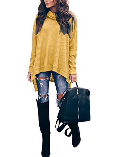 MILLCHIC Women's Casual Waffle Shirt Long Batwing Sleeve Oversized Pullover Sweater Knit Jumper Loose Sweater Tunic Tops 8M3-huangse-M1
