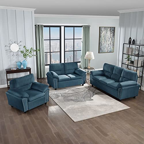 KEVINSPACE 83.26" 3 Seater Sofa Velvet for Living Room,Tufted Upholstered Couch with Wider Arms and Nailhead for Bedroom, Office, Apartment Blue
