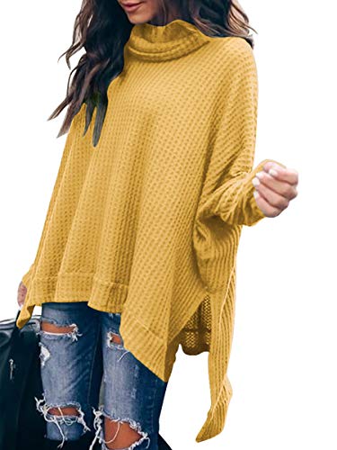 MILLCHIC Women's Casual Waffle Shirt Long Batwing Sleeve Oversized Pullover Sweater Knit Jumper Loose Sweater Tunic Tops 8M3-huangse-M1