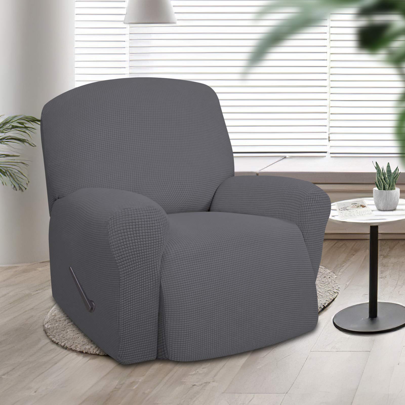 Easy-Going Recliner Stretch Sofa Slipcover Sofa Cover 1 Piece Furniture Protector Couch Soft with Elastic Bottom Kids,Polyester Spandex Jacquard Fabric Small Checks(Oversize Recliner,Gray)
