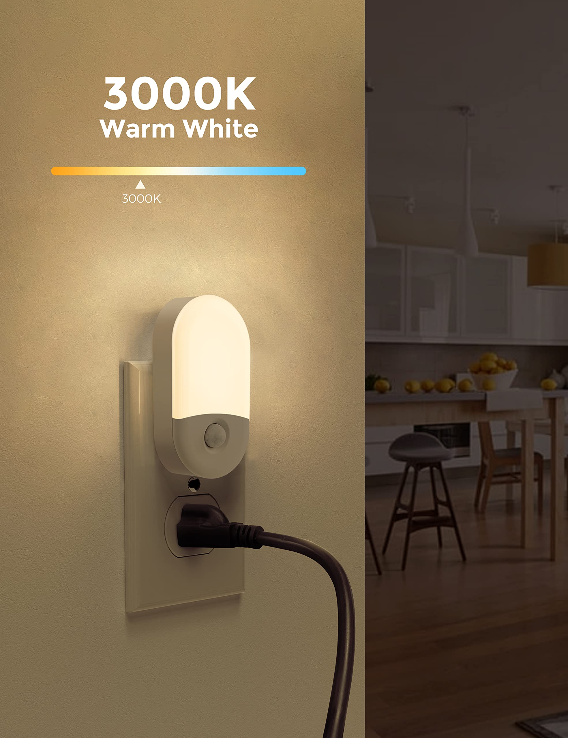 Motion Sensor Night Light Plug in, 2 Pack LOHAS Motion Activated Night Light Warm White 3000K, Dusk to Dawn Sensor, Adjustable Brightness, Plug Into Wall Night Light for Kids, Bathroom, Bedroom Light