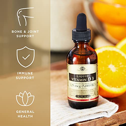 Solgar Liquid Vitamin D3 125 mcg (5,000 IU) - 2 fl oz, Pack of 2 - Natural Orange Flavor - Helps Maintain Healthy Bones & Teeth - Immune System Support - Gluten & Dairy Free - 118 Total Servings