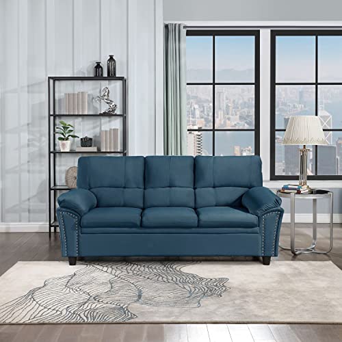KEVINSPACE 83.26" 3 Seater Sofa Velvet for Living Room,Tufted Upholstered Couch with Wider Arms and Nailhead for Bedroom, Office, Apartment Blue
