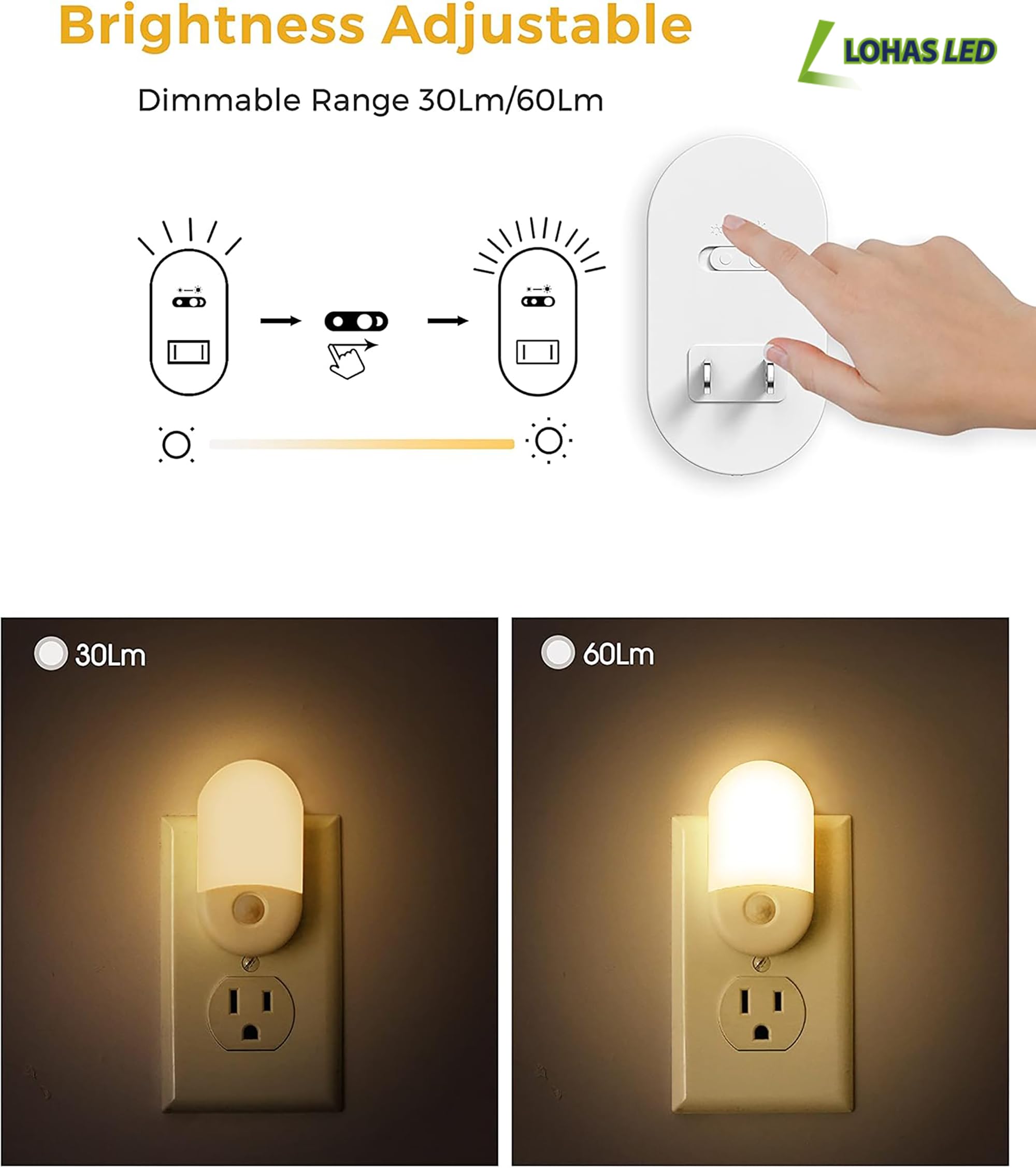 Motion Sensor Night Light Plug in, 2 Pack LOHAS Motion Activated Night Light Warm White 3000K, Dusk to Dawn Sensor, Adjustable Brightness, Plug Into Wall Night Light for Kids, Bathroom, Bedroom Light