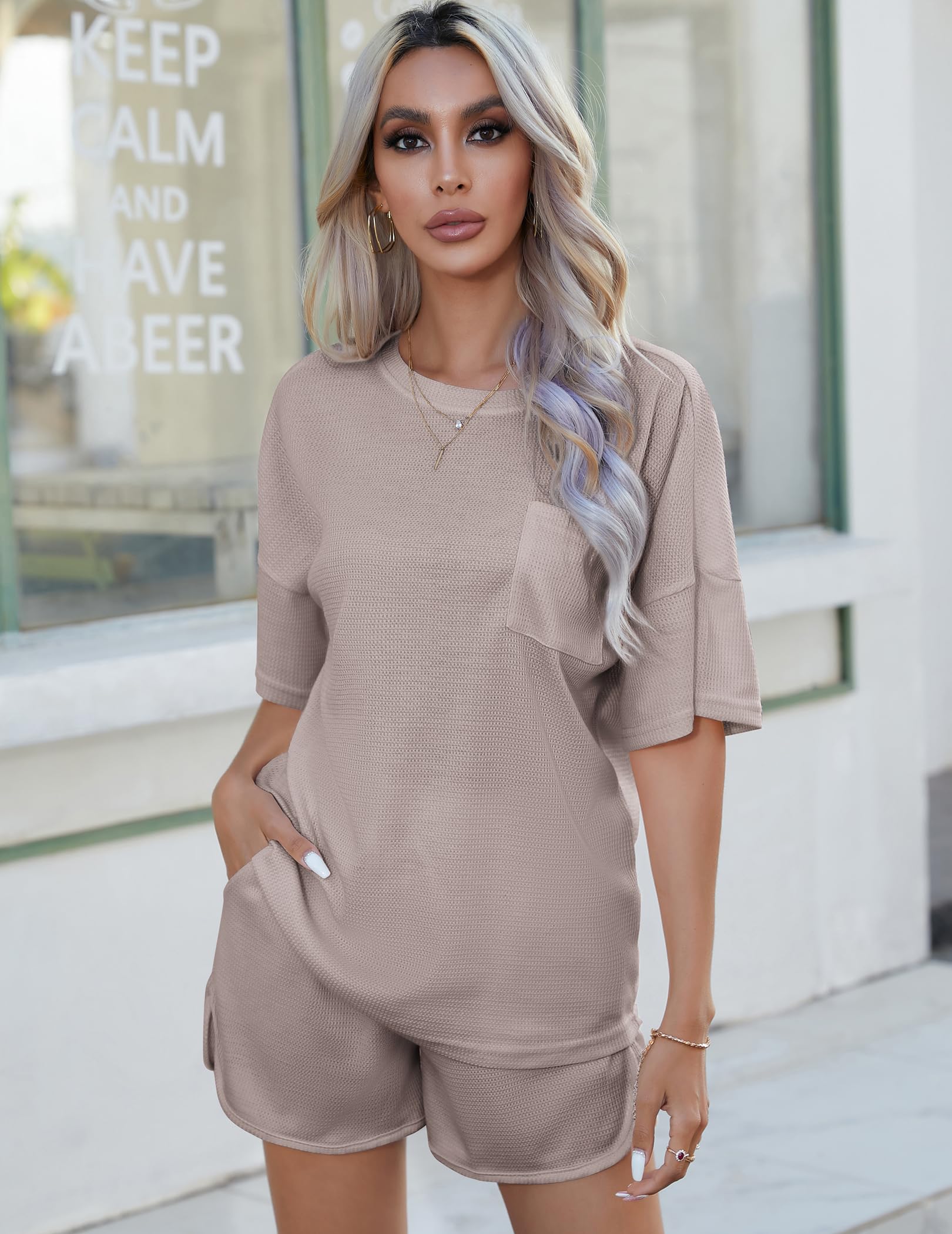 Andeip Women's Waffle Knit Pajama Set Casual Short Sleeve Shirt with Shorts Pajama Pant Sleepwear Sets Light Khaki M