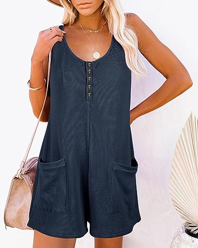 GTETKDE Rompers for Women Sleeveless Button Down V Neck Waffle Fabric Tank Top Jumpsuit with Pockets 2023 Summer Vacation Outfits DrakBlue M