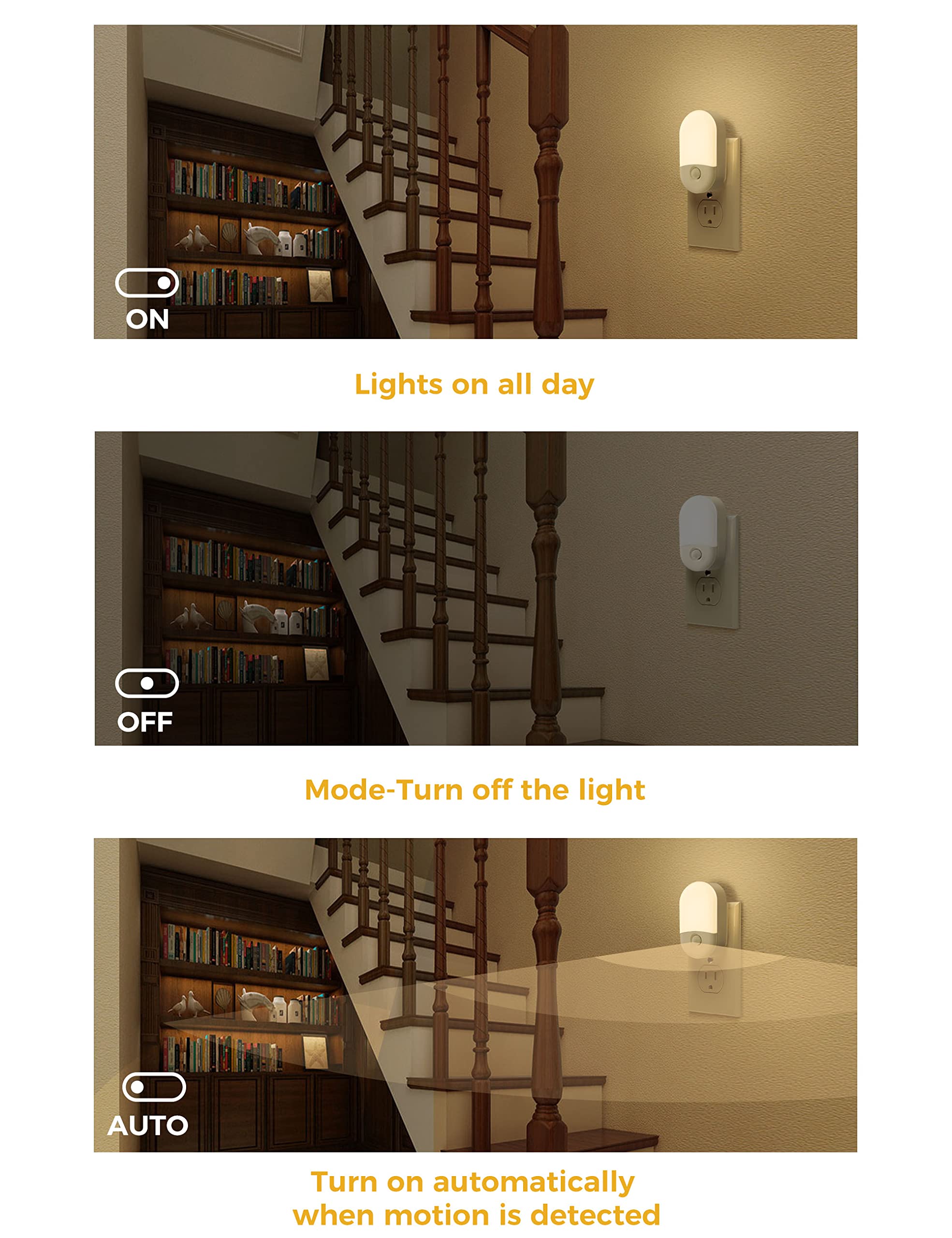 Motion Sensor Night Light Plug in, 2 Pack LOHAS Motion Activated Night Light Warm White 3000K, Dusk to Dawn Sensor, Adjustable Brightness, Plug Into Wall Night Light for Kids, Bathroom, Bedroom Light