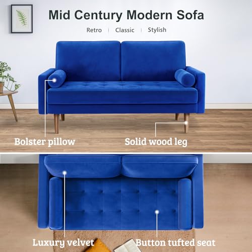 Vesgantti 58 inch Loveseat Sofa, 2 Seater Sofa for Small Space, Button Tufted Blue Velvet Couch with 2 Pillows, Mid Century Modern Couch w/Armrest, Small Couches for Living Room, Bedroom, Apartment