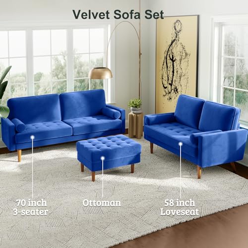 Vesgantti 58 inch Loveseat Sofa, 2 Seater Sofa for Small Space, Button Tufted Blue Velvet Couch with 2 Pillows, Mid Century Modern Couch w/Armrest, Small Couches for Living Room, Bedroom, Apartment