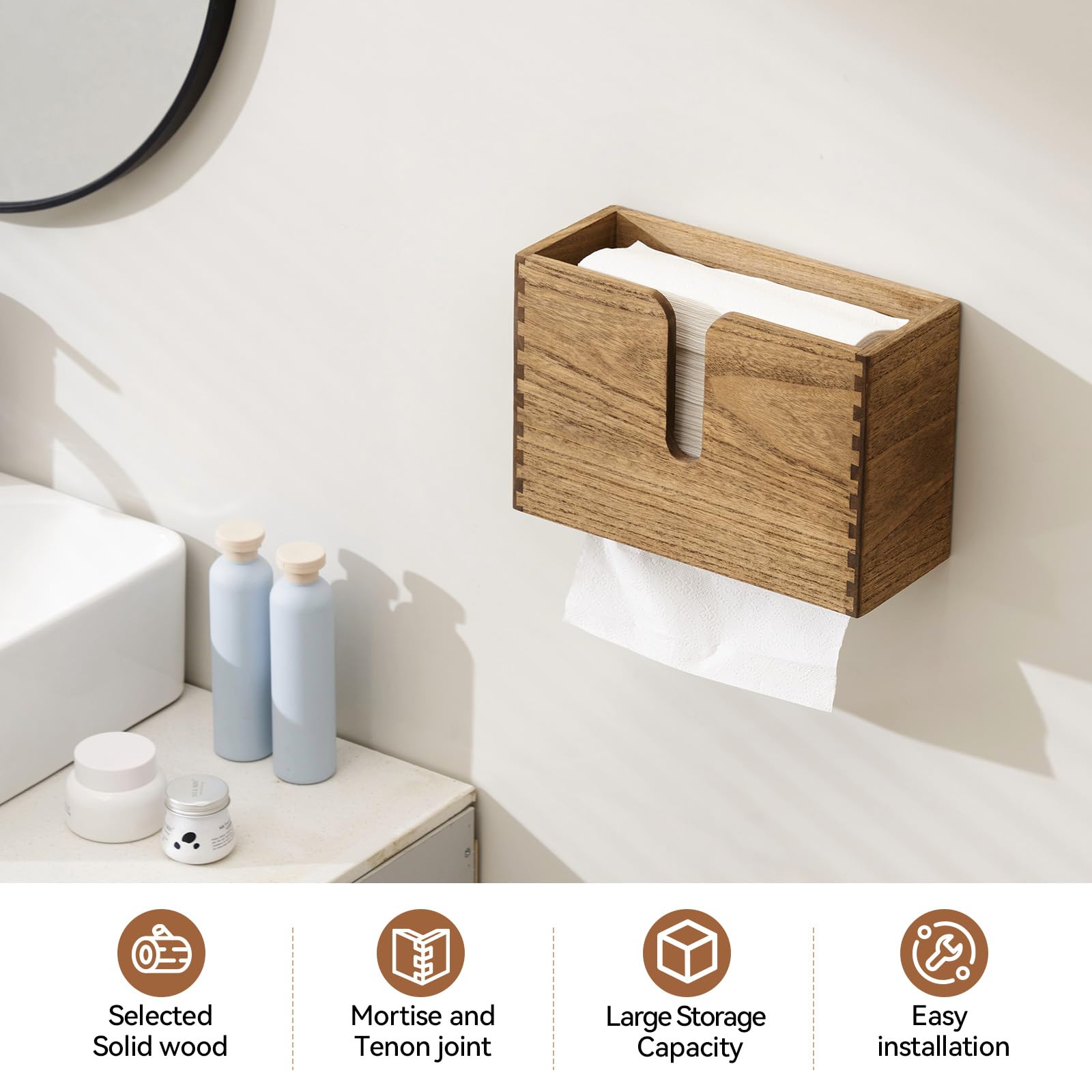 Kirigen Wood Wall Mounted Paper Towel Dispenser CZH-DBR- Dark Brown Paper Towel Holder Countertop for Kitchen Restroom Decor and Bathroom - Holds C Fold, Z Fold, Trifold Hand Tissue Napkins