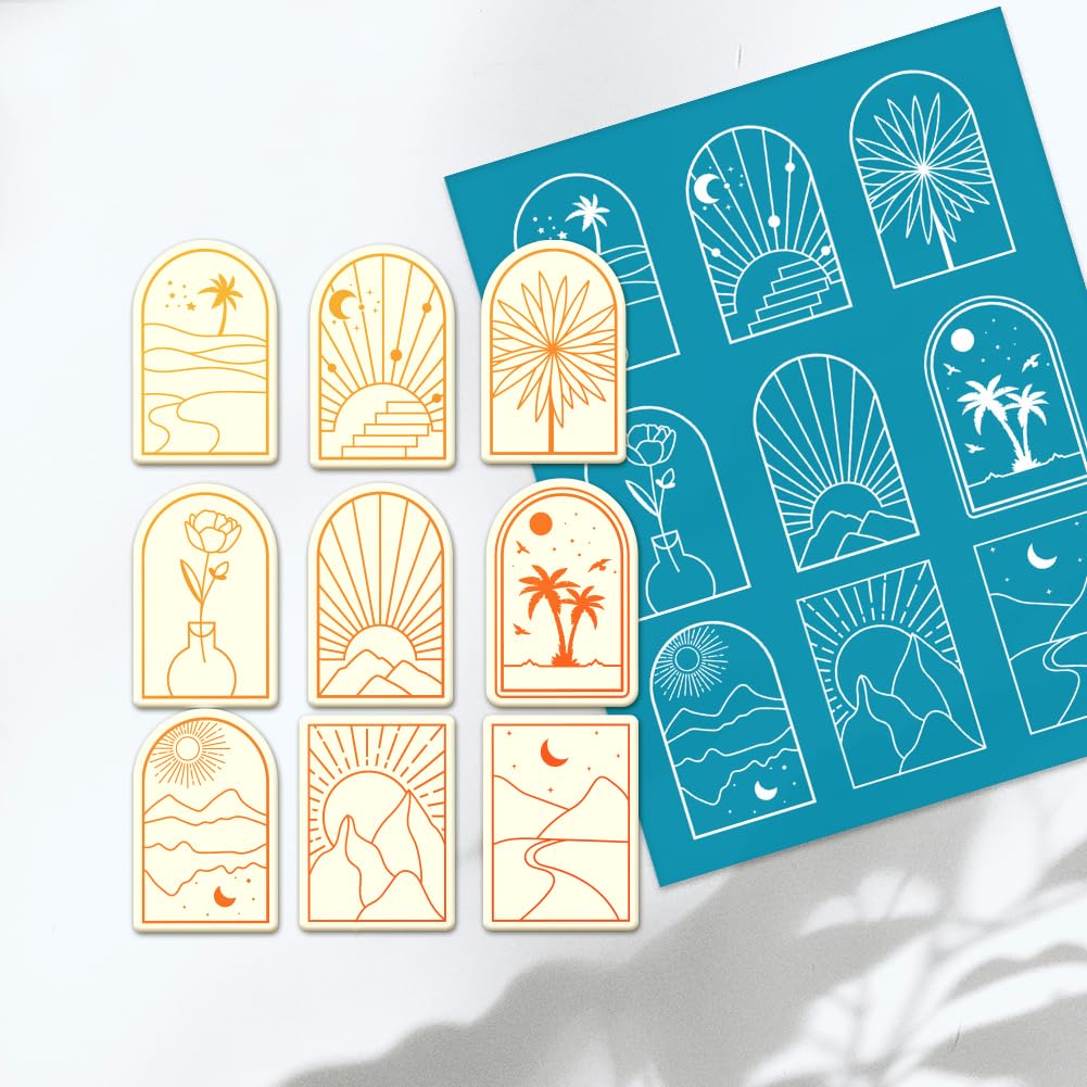 OLYCRAFT 4x5 Inch Clay Stencils Arched Landscape Pattern Silk Screen for Polymer Silk Screen Stencils 9 Styles Landscape Mesh Transfer Stencils Boho Theme Mesh Stencil for Polymer Clay Jewelry Making