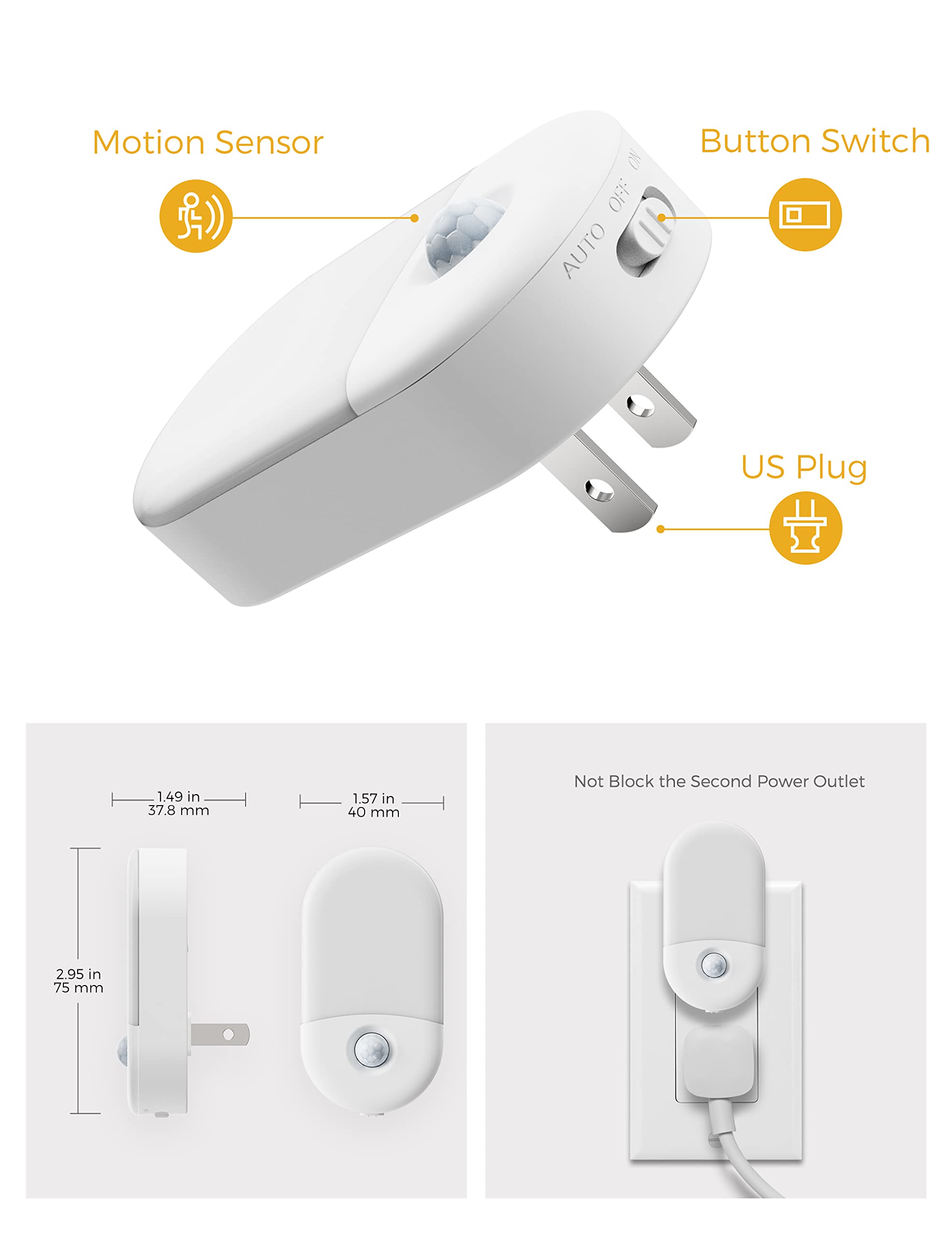 Motion Sensor Night Light Plug in, 2 Pack LOHAS Motion Activated Night Light Warm White 3000K, Dusk to Dawn Sensor, Adjustable Brightness, Plug Into Wall Night Light for Kids, Bathroom, Bedroom Light
