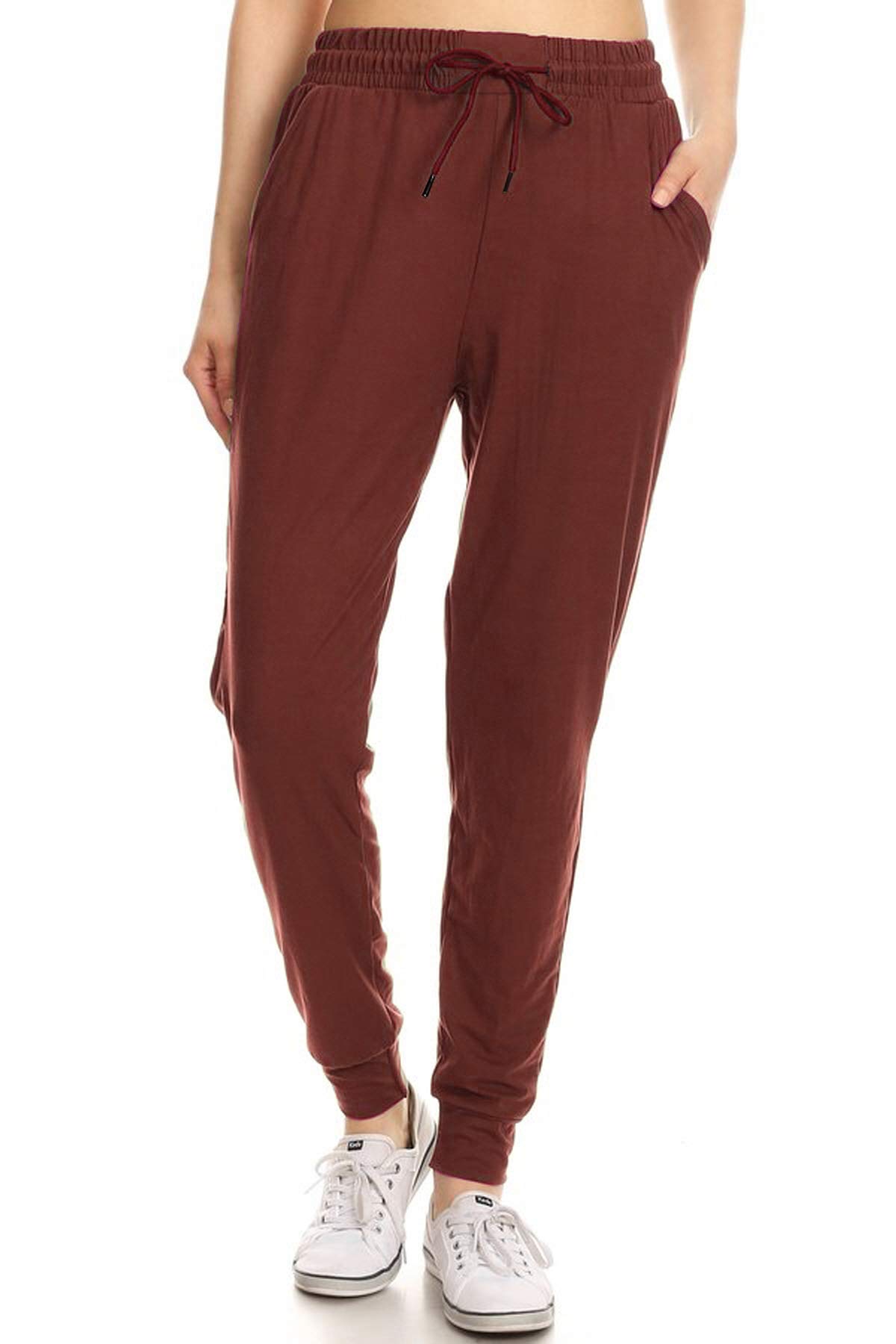 Leggings Depot Womens Relaxed fit Jogger Pants - Track Cuff Sweatpants with Pockets, Marsala, Large