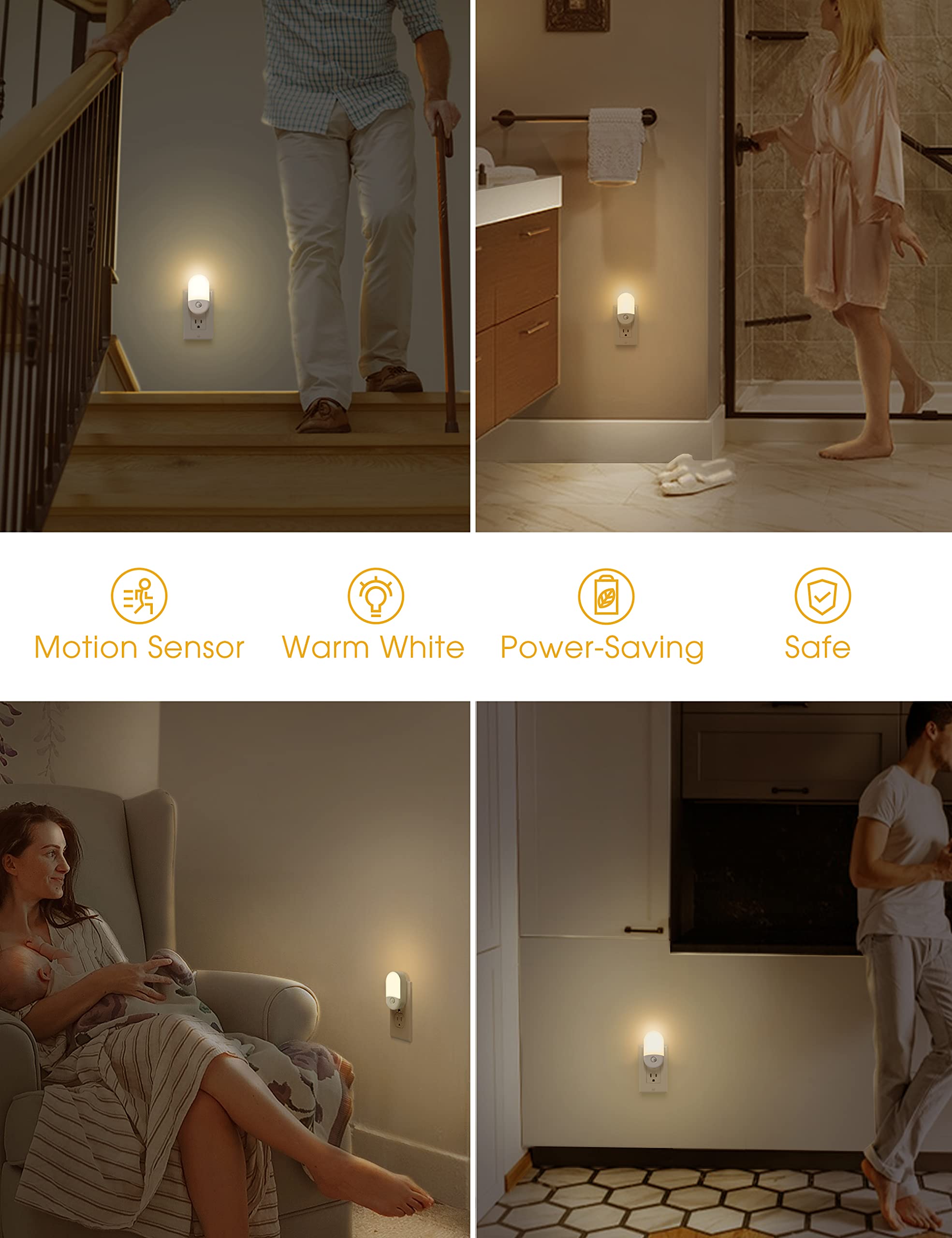 Motion Sensor Night Light Plug in, 2 Pack LOHAS Motion Activated Night Light Warm White 3000K, Dusk to Dawn Sensor, Adjustable Brightness, Plug Into Wall Night Light for Kids, Bathroom, Bedroom Light