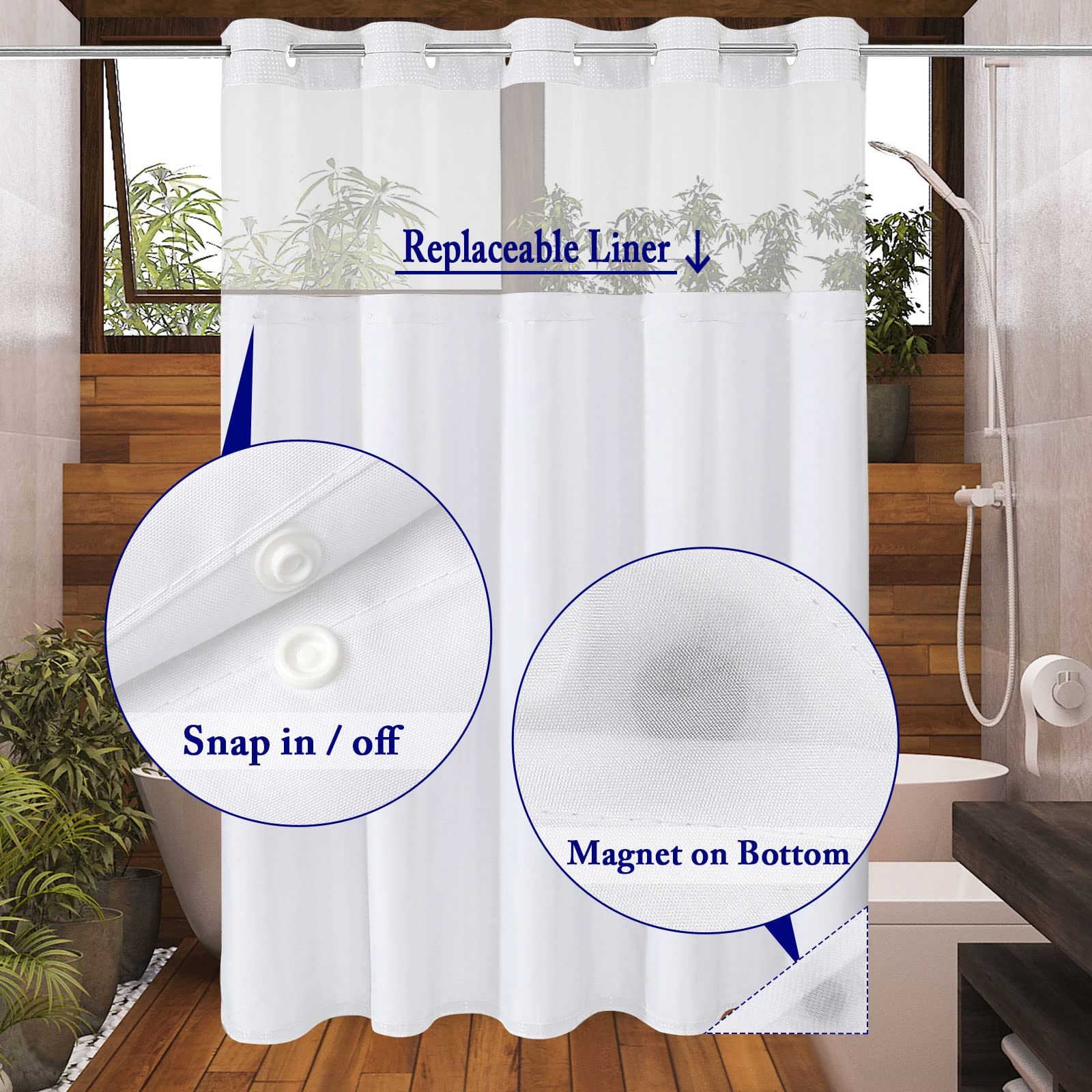 Gibelle No Hook Waffle Weave Shower Curtain with Snap-in Fabric Liner Set for Bathroom, Hotel Style with Mesh Top Window, Waterproof & Washable, White, 72x74