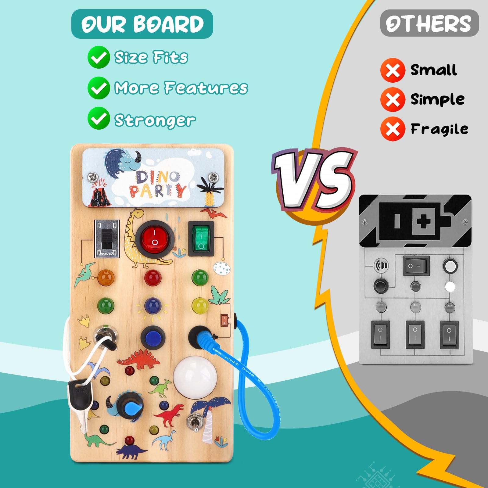 Dinosaur Light Switch Board - 8 LED Switches, Sensory Montessori Toy for 1+ Year Olds