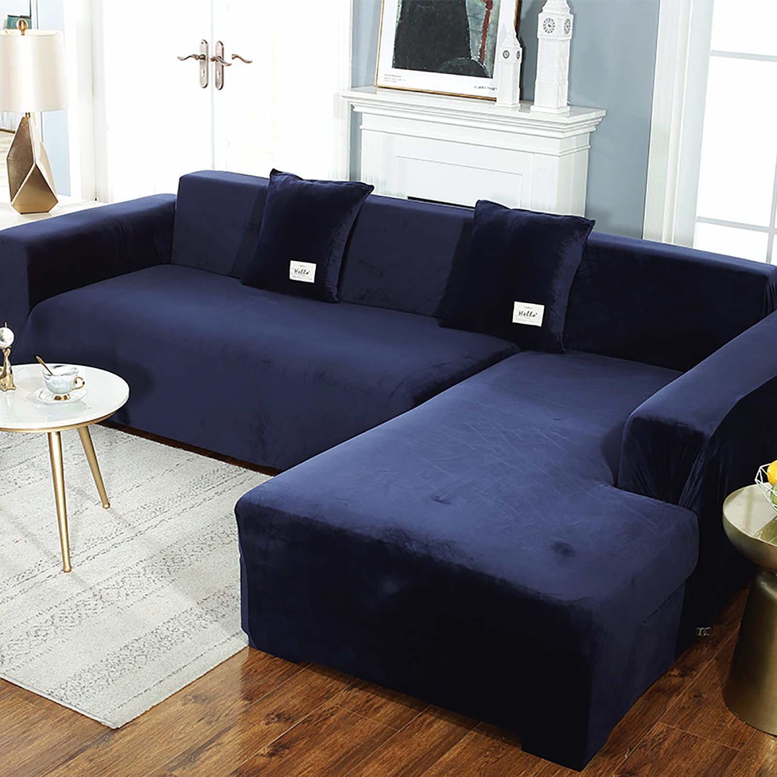 ZSDCGC Velvet Corner Sectional Couch Covers for 1 2 3 4 5 Seater, L Shape Sofa Cover for Living Room Super Soft Stretch U Shaped Sofa Slipcover Furniture Protector (Color : Dark Blue, Size : 5 Seat)