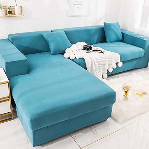 OQOPO 2/3/4 Seater Stretch Sectional Sofa Cover L Shaped Sofa Cover,Easy to Use Non-Slip Furniture Protector Sofa Cover for Living Room,2+4 Seater,Blue