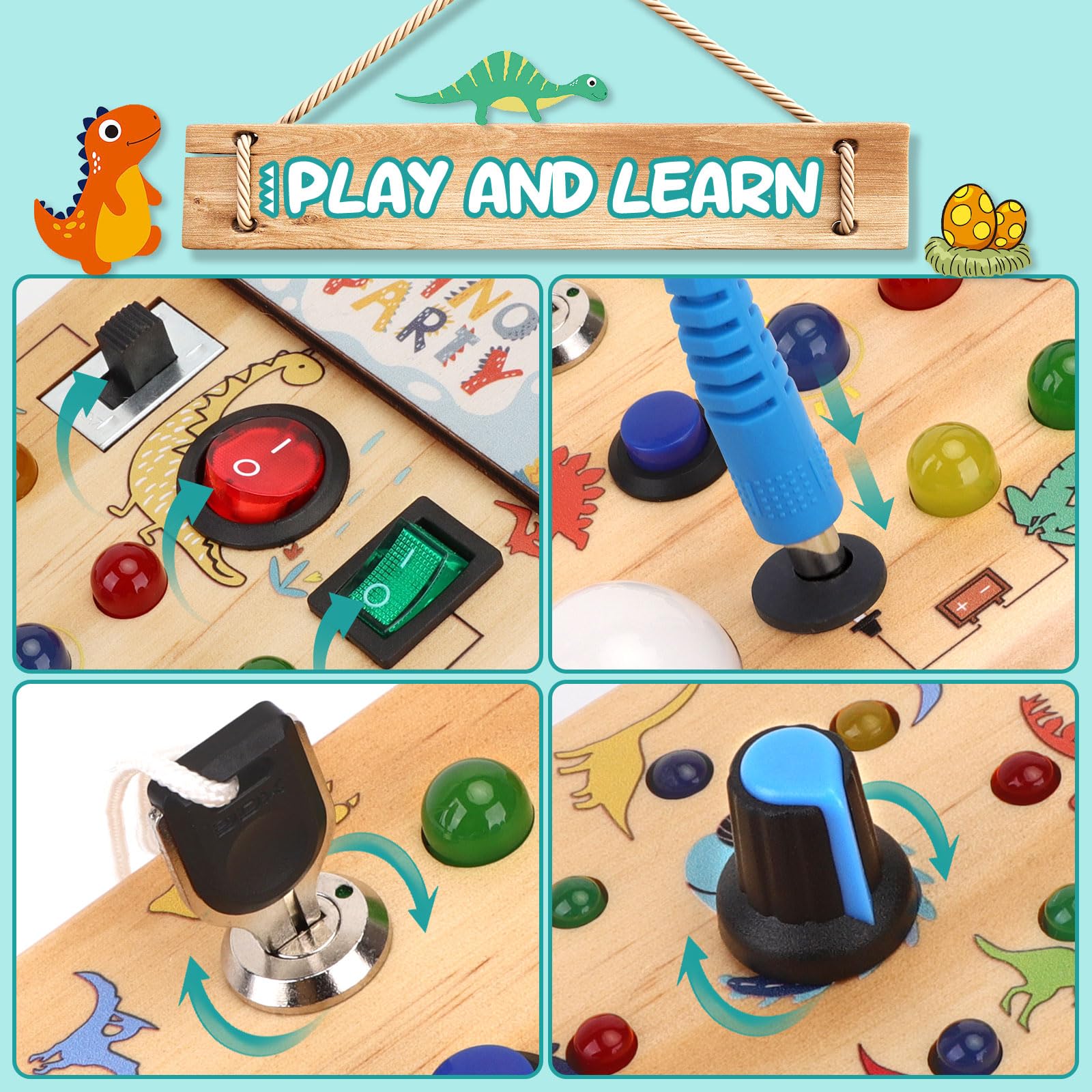 Dinosaur Light Switch Board - 8 LED Switches, Sensory Montessori Toy for 1+ Year Olds
