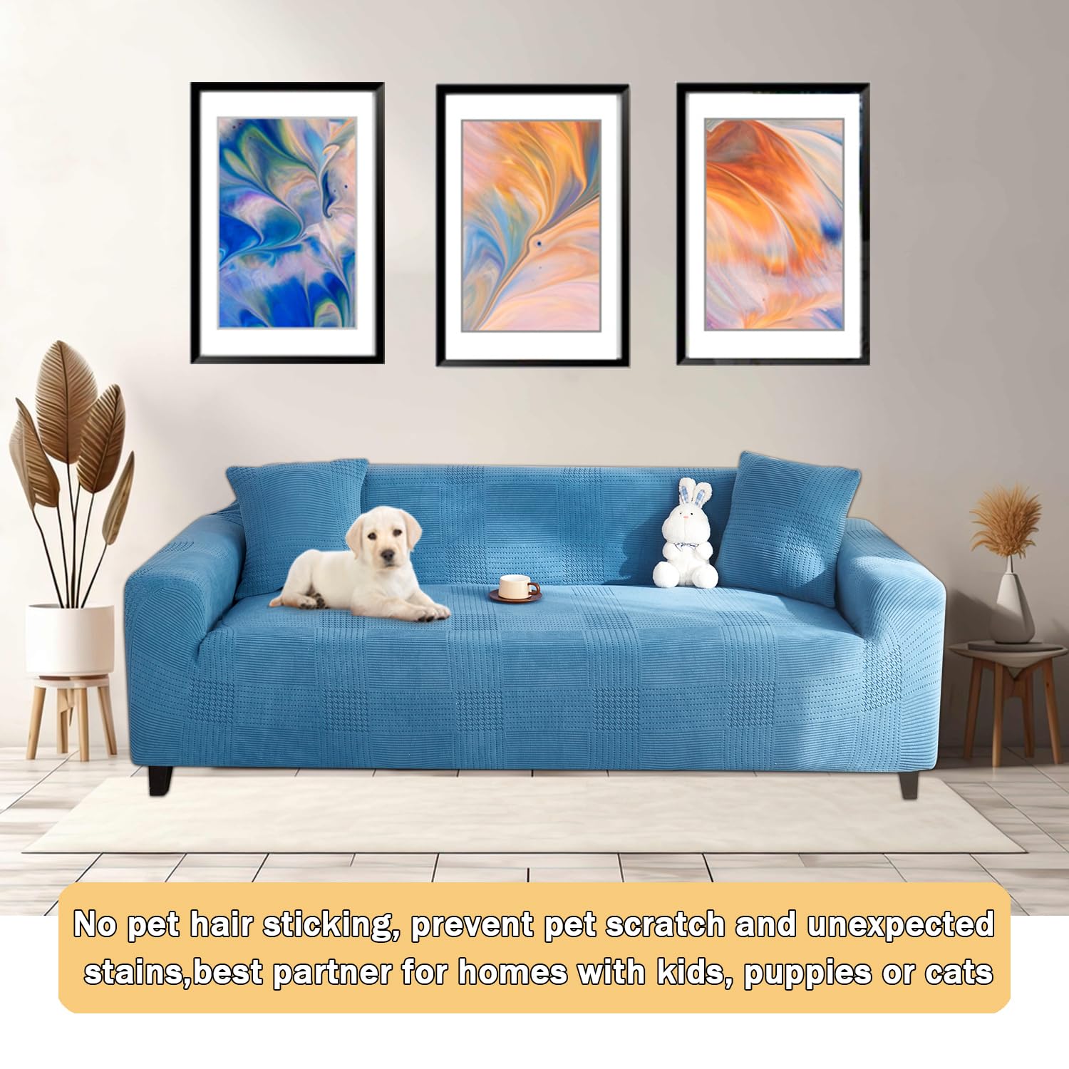 TongBF Stretch Fabric Sofa Cover Corner Cover for 1/2/3/4 Seater, Chair, Recliner, Sectional Sofa with Pillowcase As A Gift (Jacquard-Blue, 4 Seater)
