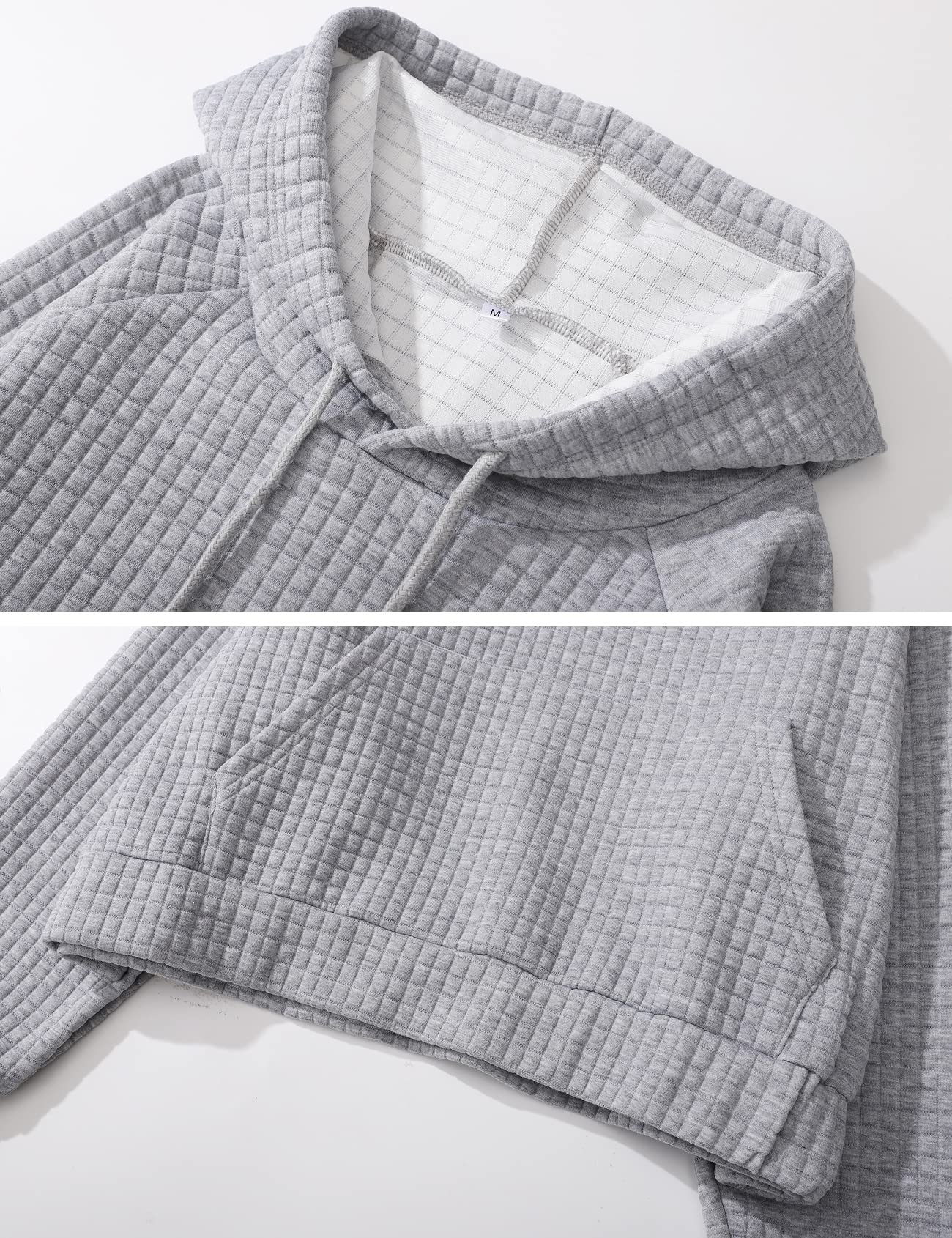 Gihuo Hoodies for Women Casual Waffle Cropped Sweatshirt Long Sleeve Drop Shoulder Drawstring Pullover Trendy Tops 2 Pockets (LightGrey-M)