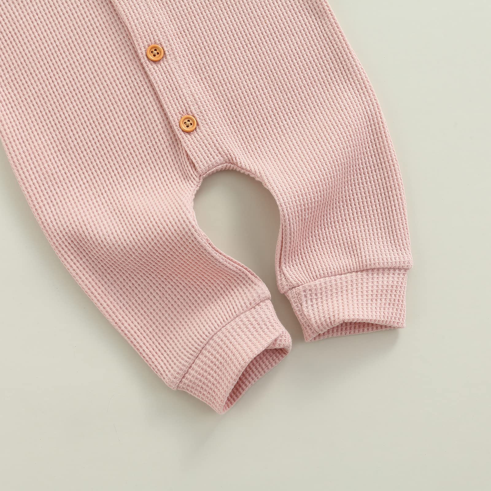 NANYKNIGHTY Toddler Baby Boy Girl Romper Unisex Infant Clothes Waffle Fabric Solid Long Sleeve Buttons Hooded Jumpsuit One-piece (Pink, 6-12 Months)