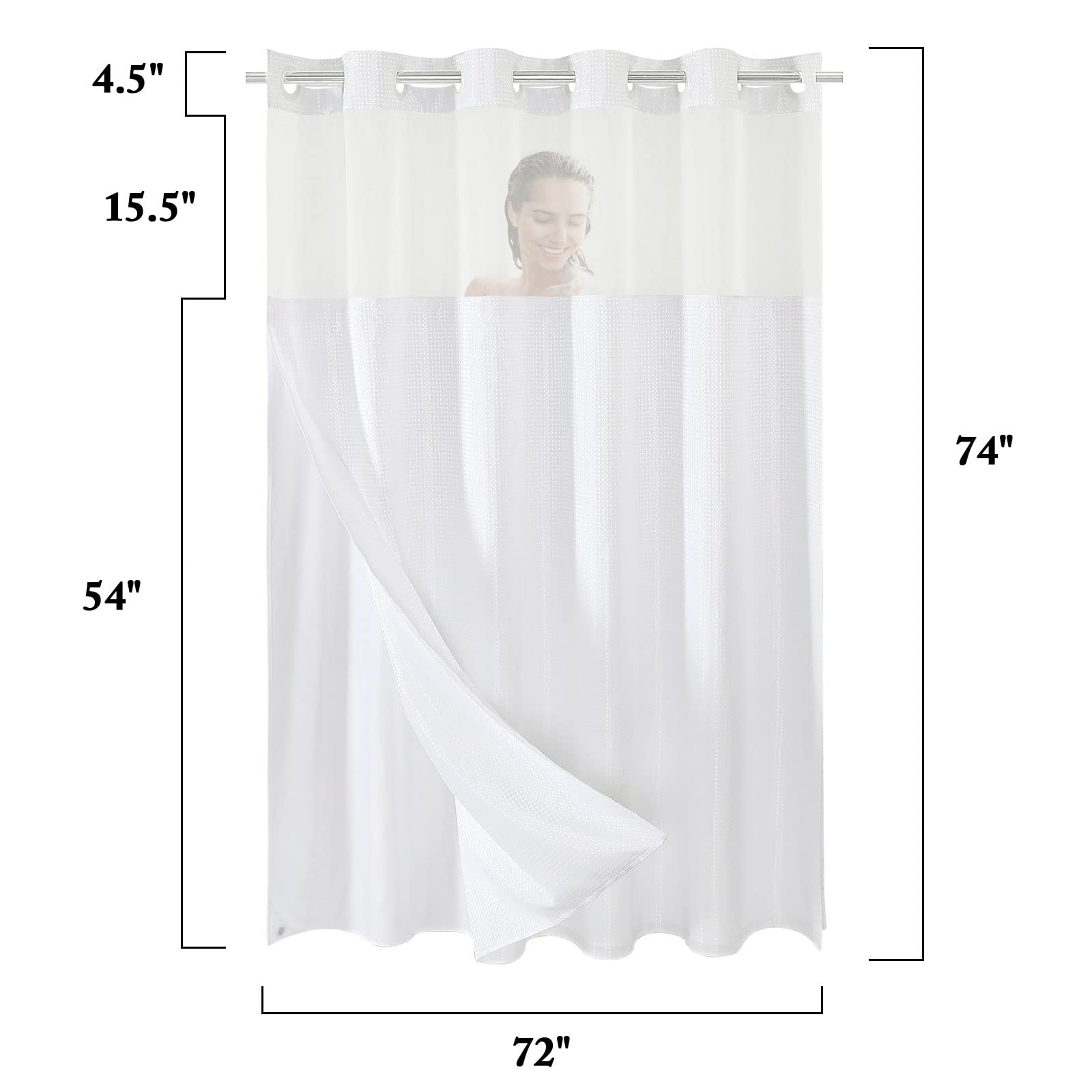 Gibelle No Hook Waffle Weave Shower Curtain with Snap-in Fabric Liner Set for Bathroom, Hotel Style with Mesh Top Window, Waterproof & Washable, White, 72x74