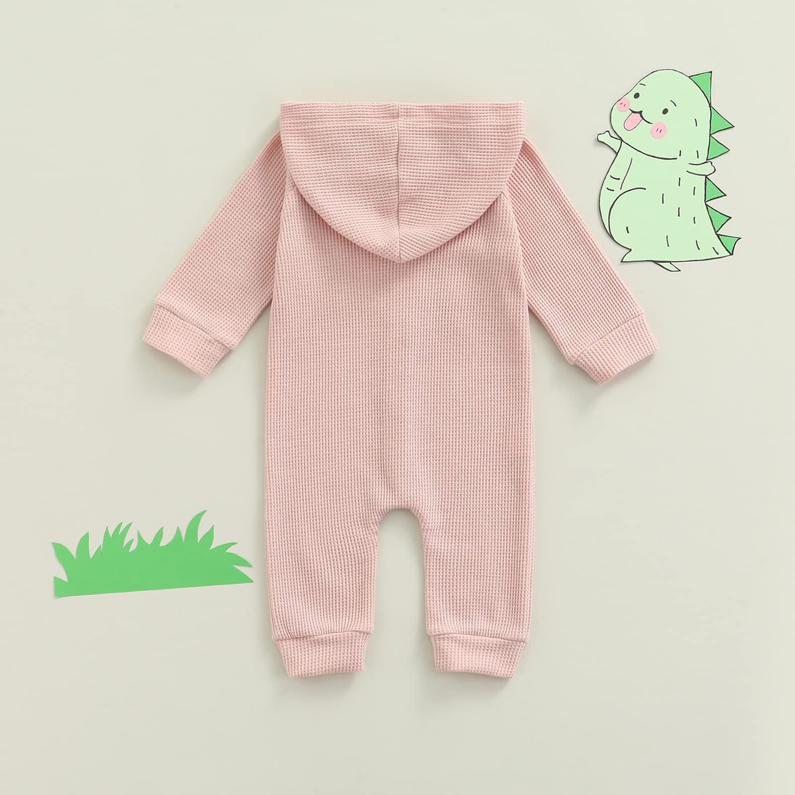 NANYKNIGHTY Toddler Baby Boy Girl Romper Unisex Infant Clothes Waffle Fabric Solid Long Sleeve Buttons Hooded Jumpsuit One-piece (Pink, 6-12 Months)