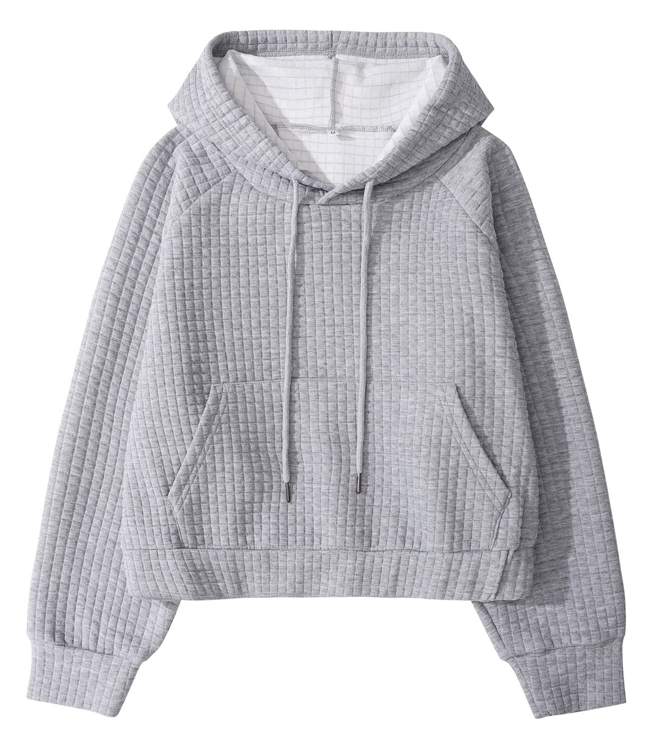 Gihuo Hoodies for Women Casual Waffle Cropped Sweatshirt Long Sleeve Drop Shoulder Drawstring Pullover Trendy Tops 2 Pockets (LightGrey-M)