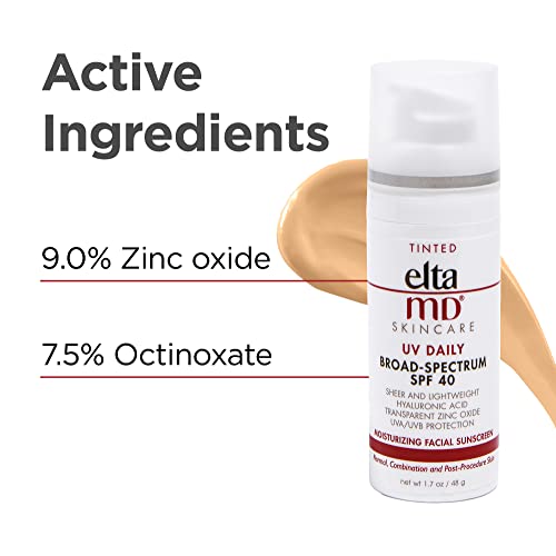 EltaMD UV Daily SPF 40 Tinted Sunscreen Moisturizer Face Lotion, Tinted Sunscreen with Hyaluronic Acid, Broad Spectrum Hydrating Sunscreen, Non Greasy, Sheer, Mineral-Based, 1.7 Ounce