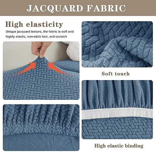 Jin Le 2 PCS Couch Cushion Covers for Sectional Sofa (3 Seater + 1 Chaise, Blue) Jacquard Chaise Anti-Slip with Elastic Bottom and Ties