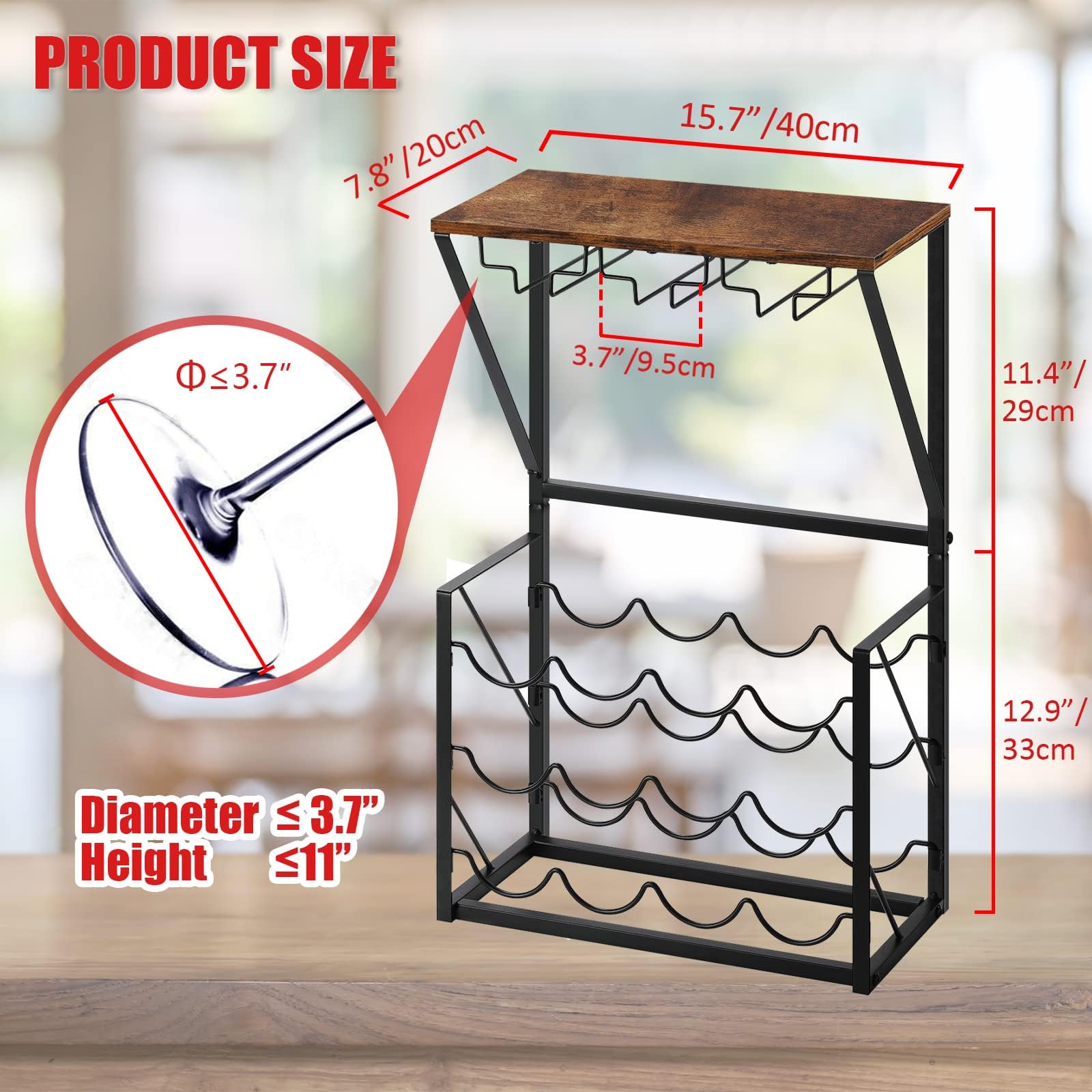 LIANTRAL 3 Tier Wine Rack, Hold 12 Bottles and 8 Wine Glass Rack Wine Holder, Freestanding Wine Rack for Home, Kitchen, Bar, Wine Cellar, Cabinet