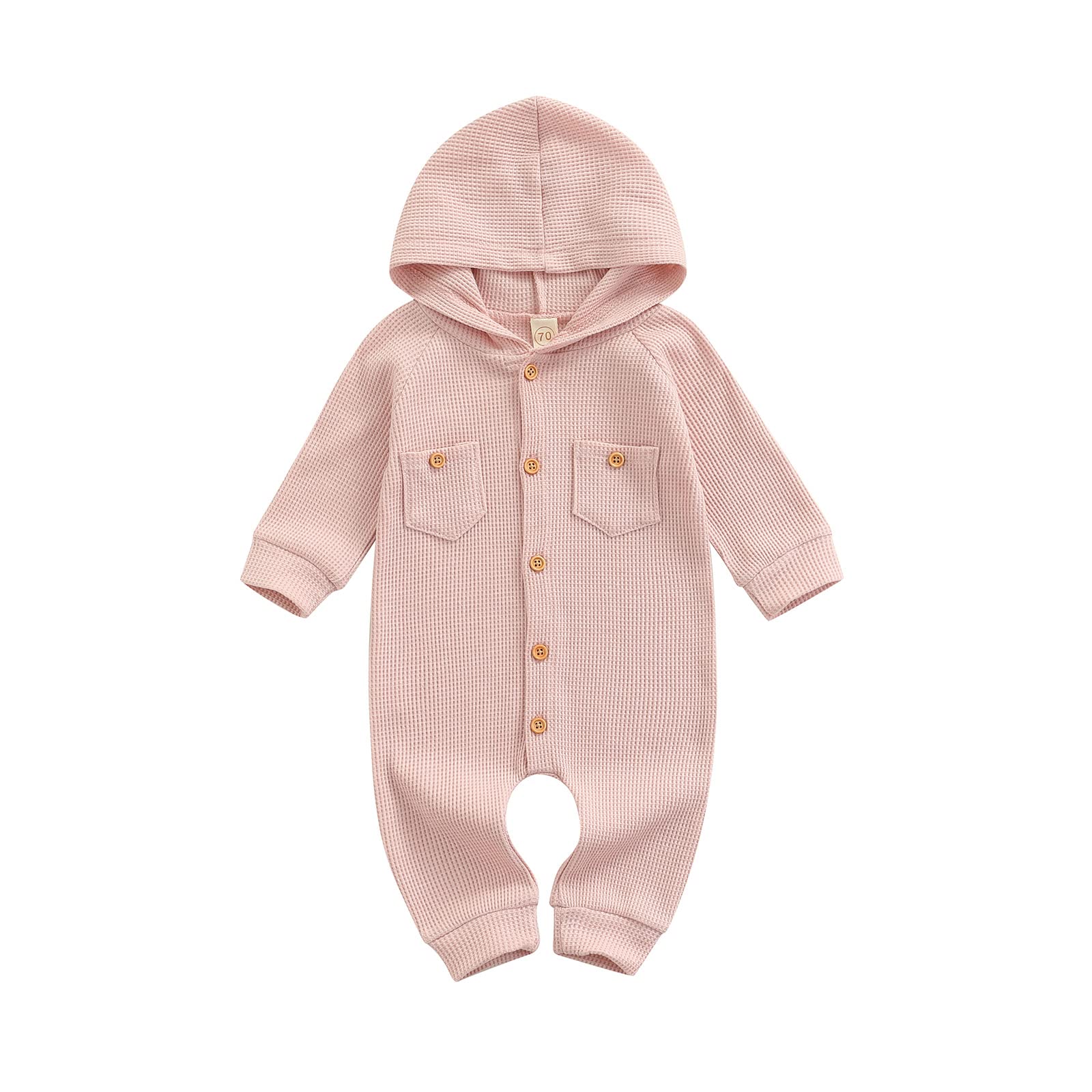 NANYKNIGHTY Toddler Baby Boy Girl Romper Unisex Infant Clothes Waffle Fabric Solid Long Sleeve Buttons Hooded Jumpsuit One-piece (Pink, 6-12 Months)