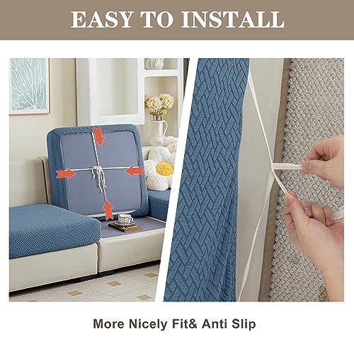 Jin Le 2 PCS Couch Cushion Covers for Sectional Sofa (3 Seater + 1 Chaise, Blue) Jacquard Chaise Anti-Slip with Elastic Bottom and Ties