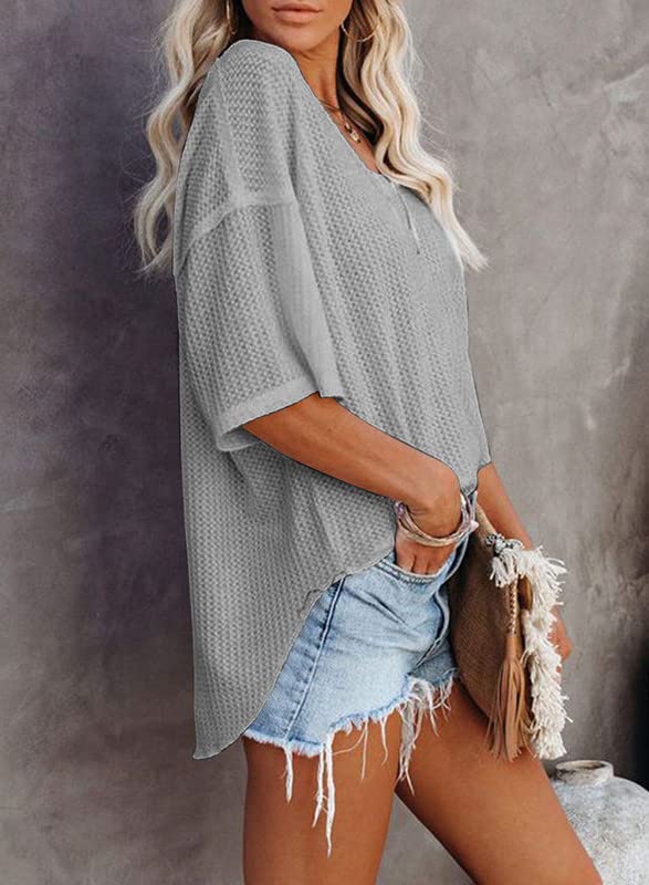 SHEWIN Oversized T Shirts for Women Summer Casual V Neck Short Sleeve Shirt 2023 Trendy Lightweight Waffle Knit Tunic Tops Loose Blouses Grey M