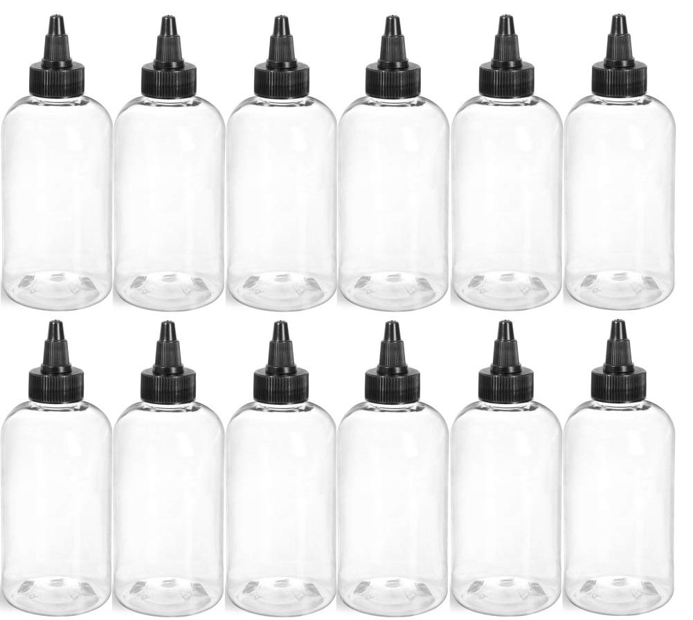 Premium Essential Oil 4 Ounce Boston Round Bottles, PET Plastic Empty Fillable BPA-Free, with Black Twist Caps (Pack of 12) (Clear)