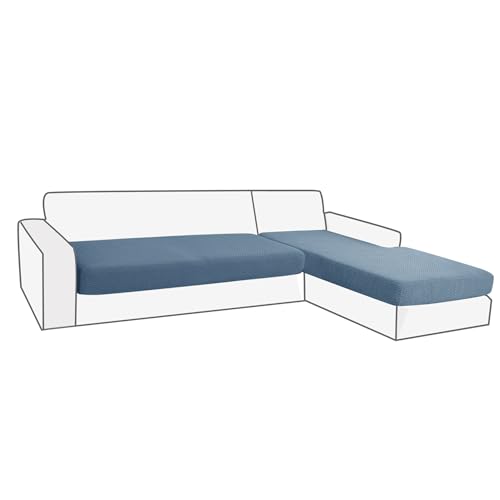 Jin Le 2 PCS Couch Cushion Covers for Sectional Sofa (3 Seater + 1 Chaise, Blue) Jacquard Chaise Anti-Slip with Elastic Bottom and Ties