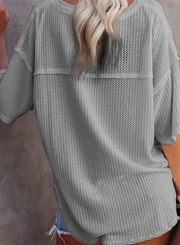 SHEWIN Oversized T Shirts for Women Summer Casual V Neck Short Sleeve Shirt 2023 Trendy Lightweight Waffle Knit Tunic Tops Loose Blouses Grey M